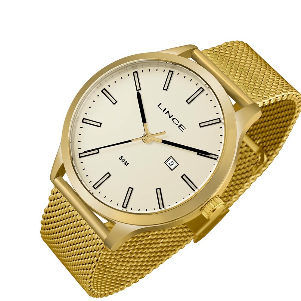 Relógio Masculino Dourado Analógico Lince Pulseira Tipo Mesh MRG4494L ...